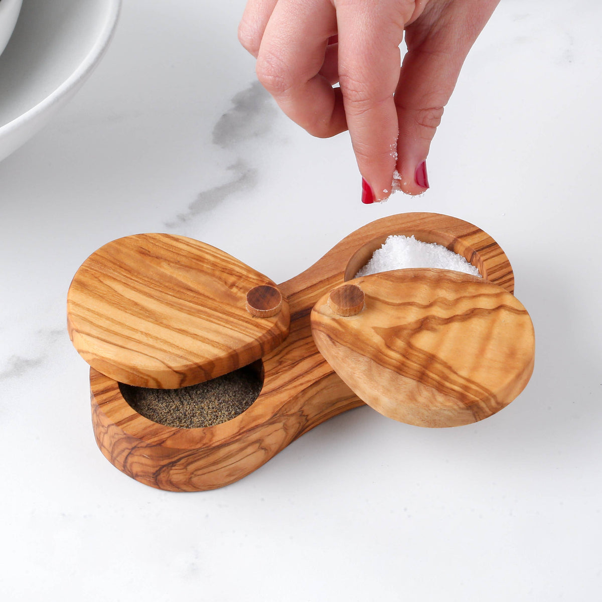 Olive Wood Salt & Pepper Box Dual Compartment Jar with Lid – Mutual ...