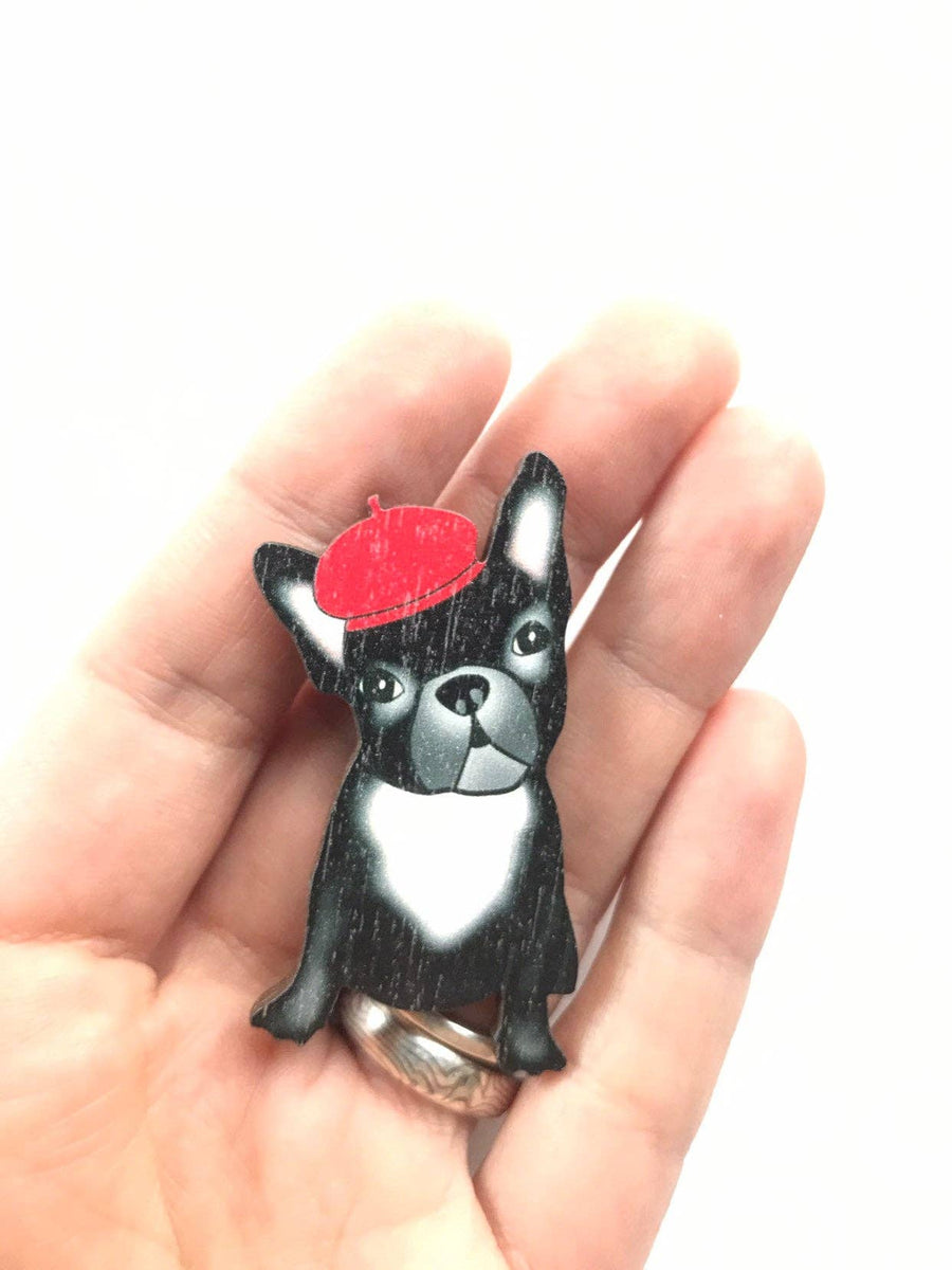French Bulldog Pin, Black Dog Wooden Brooch – Mutual Adoration + POST