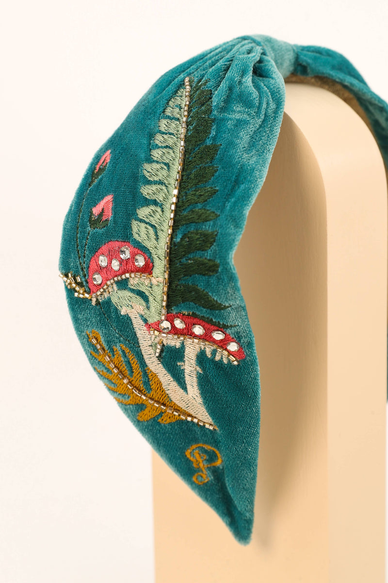 Teal Velvet Embroidered Toadstools Headband – Mutual Adoration + POST