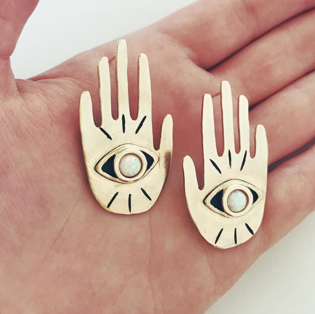 Brass + Opal Large Hand Seeing Eye in Hand Earrings – Mutual Adoration ...